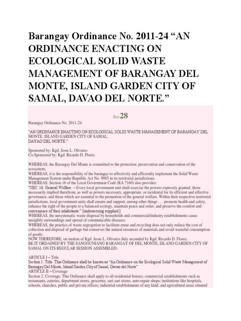 Barangay Ordinance No. 2011-24 “AN Ordinance Enacting On Ecological ...
