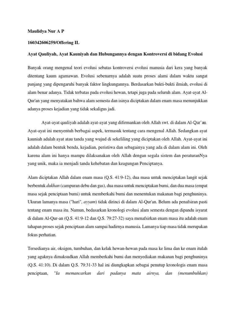 Maulidya Nur - Off IL - Ayat Qauliyah, Ayat Kauniyah Dan Teori Evolusi | PDF