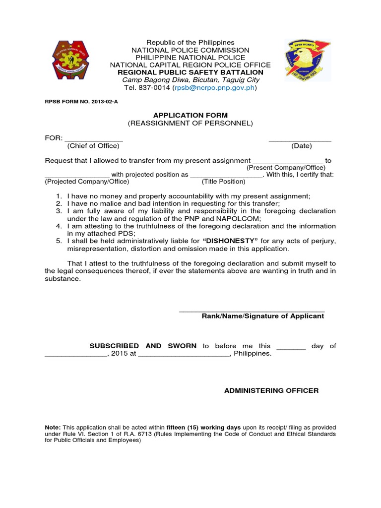 Application Form For Reassignment (A&B) | PDF | Virtue | Common Law