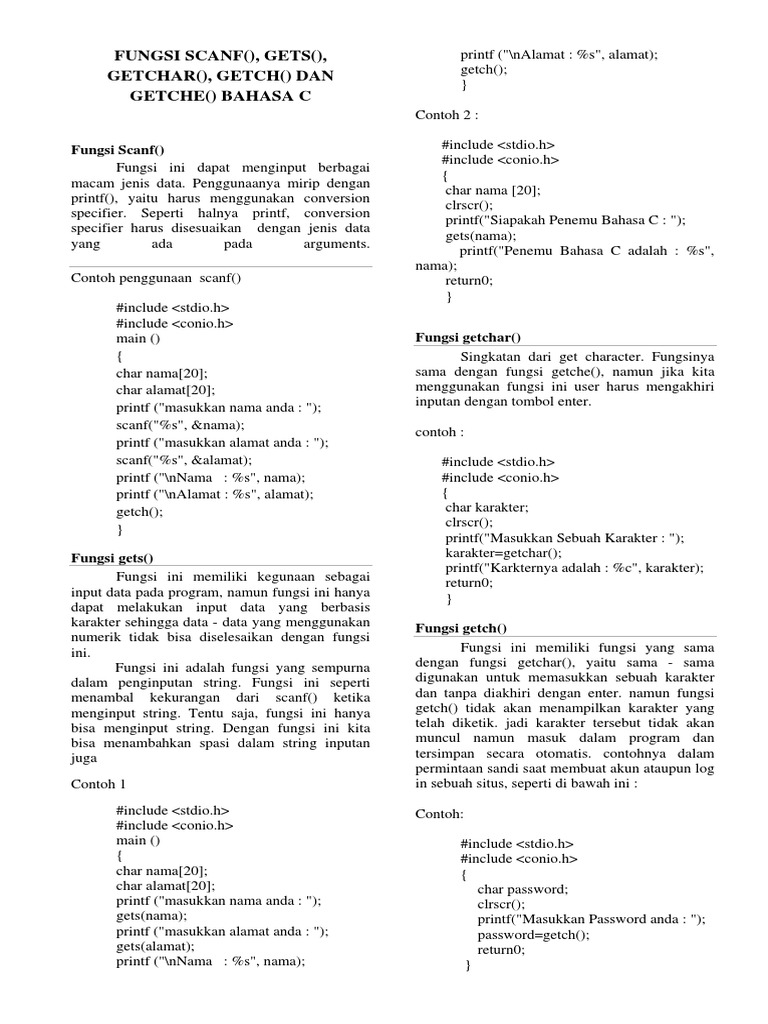 Fungsi Scanf, Gets, Getchar, Getch Dan Getche Bahasa C | PDF