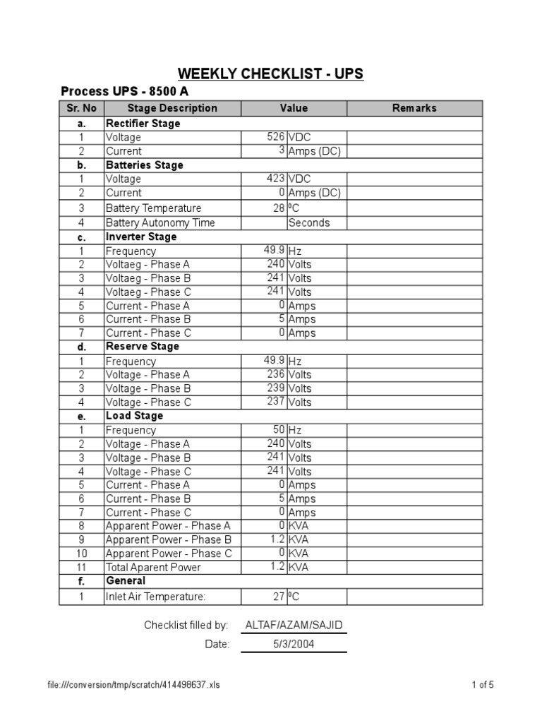 UPS Weekly Check List | PDF | Power Inverter | Voltage