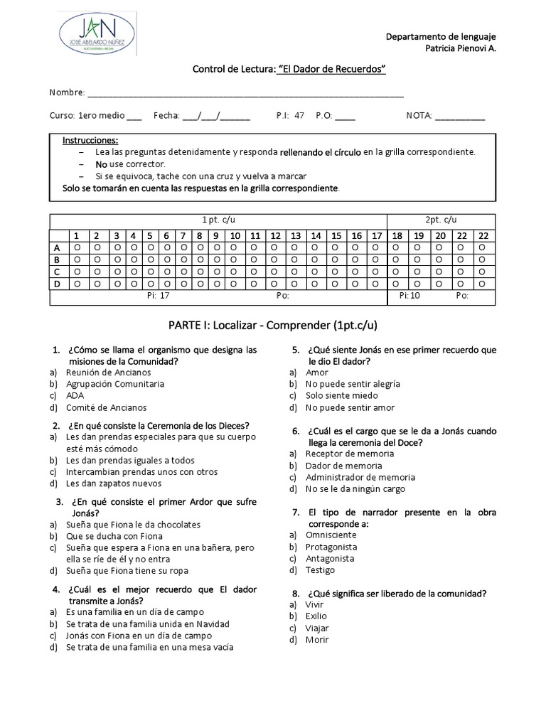 C Lect 1°medio - Dador de Recuerdos | PDF | Jonás | Ocio