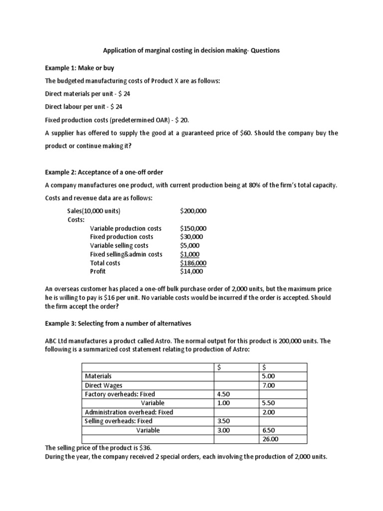 Application of Marginal Costing in Decision Making-Questions Example 1 ...