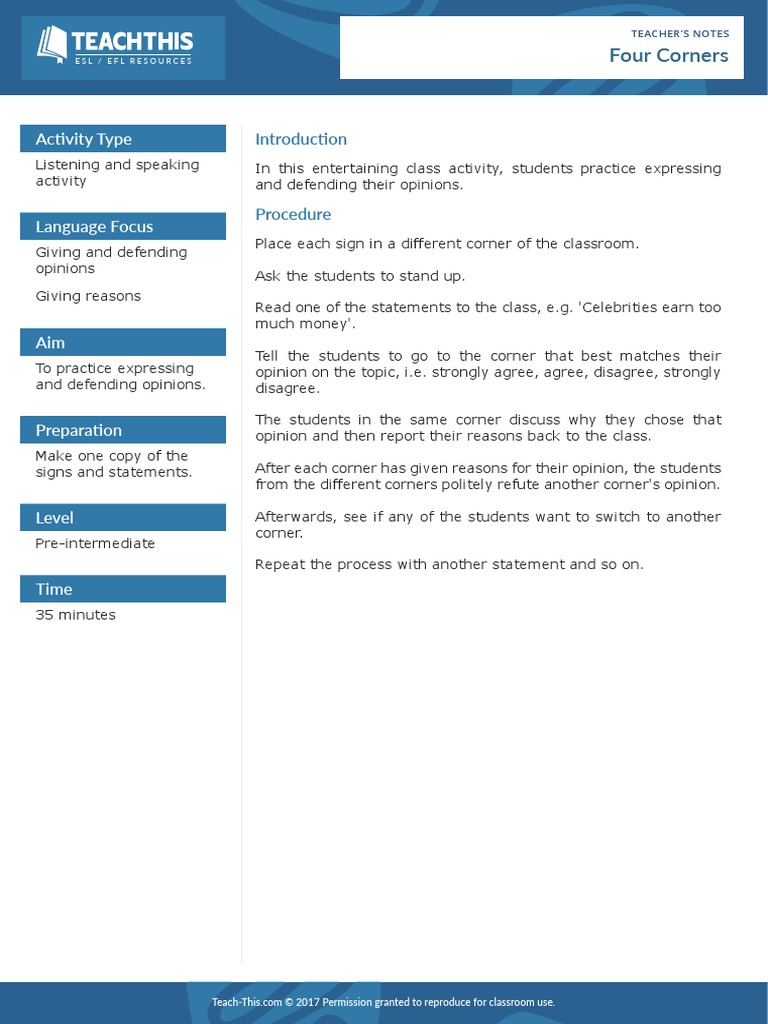 Four Corners: Activity Type | PDF | English As A Second Or Foreign ...