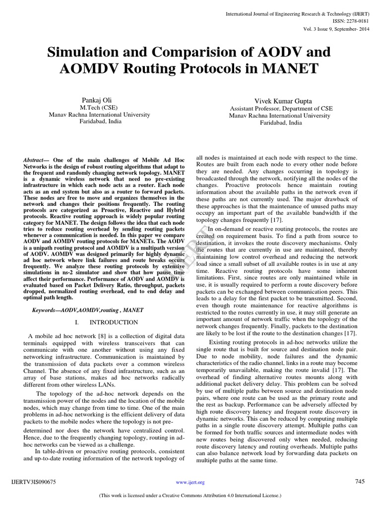 Ijert Ijert Simulation And Comparision Of Aodv And Aomdv Routing Protocols In Manet Download