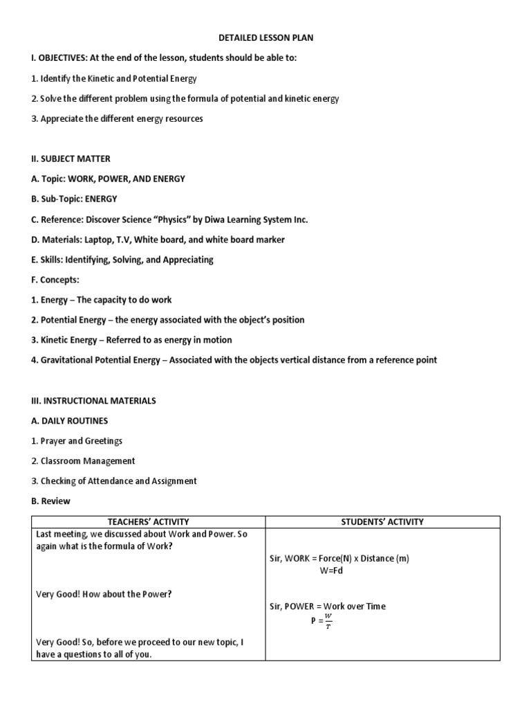 Detailed Lesson Plan | PDF | Potential Energy | Kinetic Energy