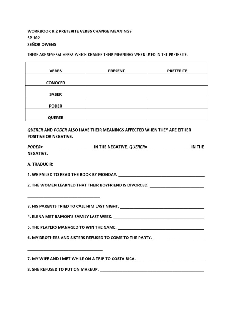 Workbook 9.2 Preterite Verbs Change Meanings | PDF