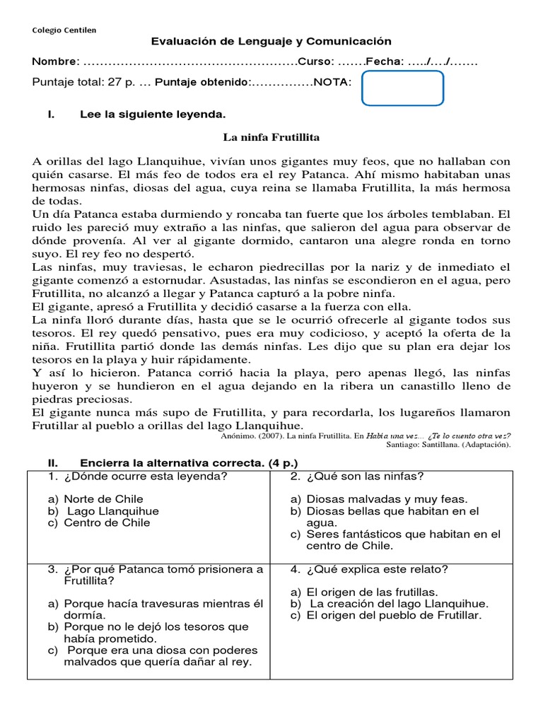 Eval. Lenguaje Leyenda | PDF | Ocio