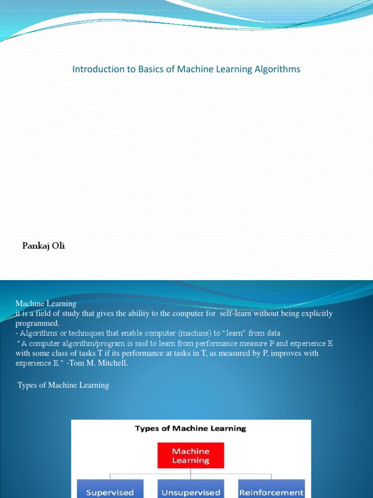 Introduction To Basics Of Machine Learning Algorithms Pankaj Oli Pdf Statistical 