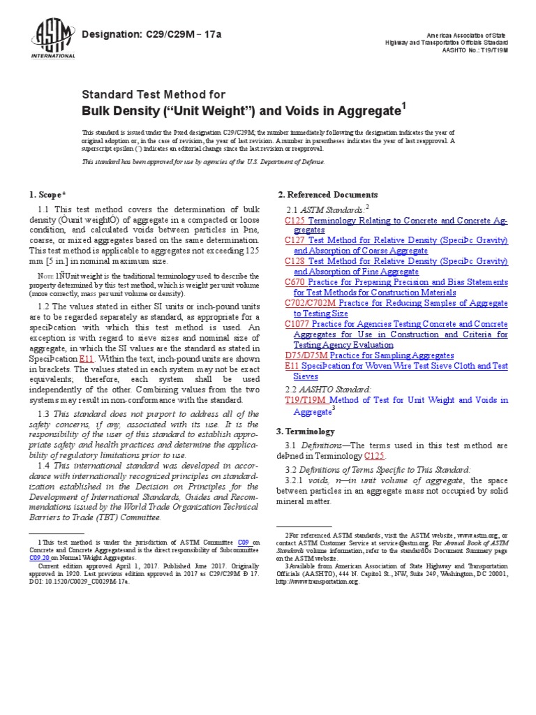 Bulk Density ("Unit Weight") and Voids in Aggregate: Standard Test ...