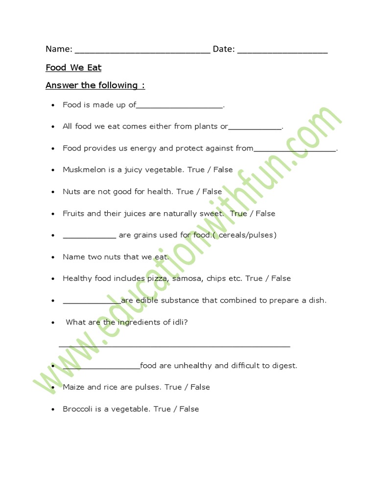Food We Eat Worksheet 2 PDF | PDF | Juice | Diet & Nutrition