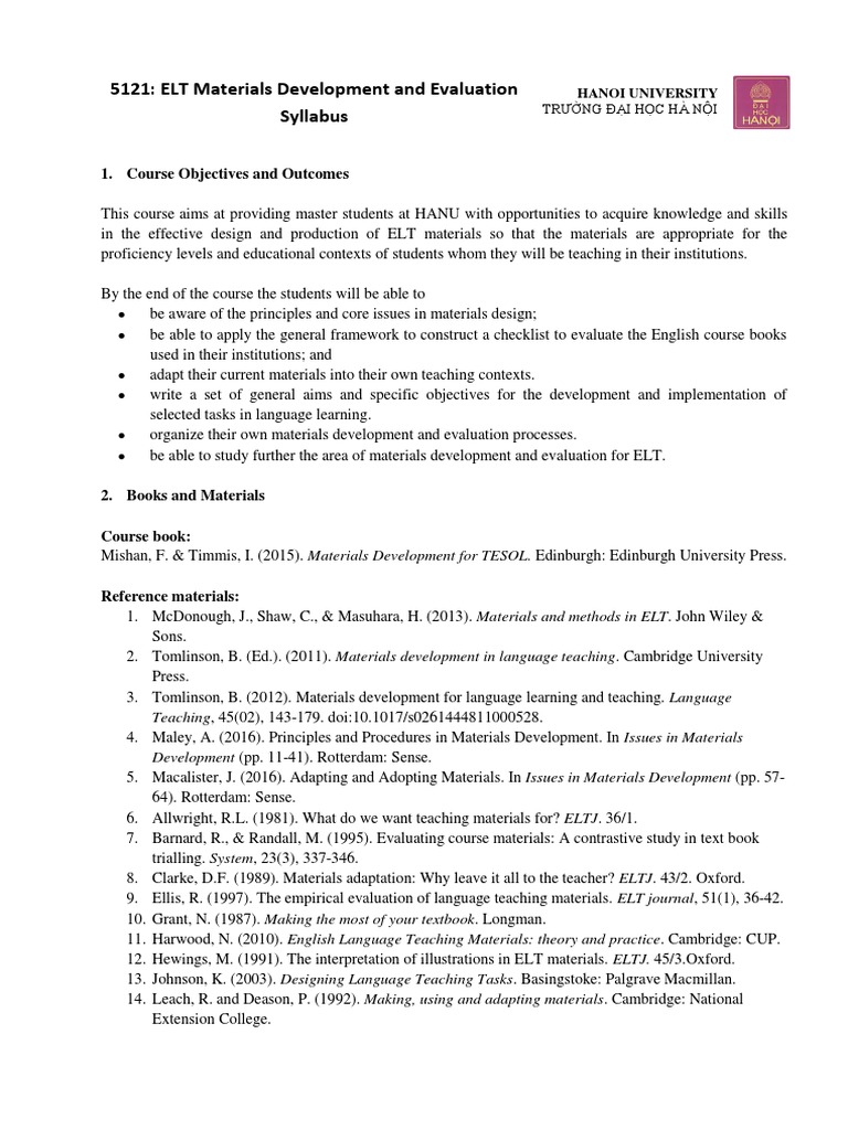 ELT Materials Development Syllabus - UC PDF | PDF | Homework | English As A Second Or Foreign ...