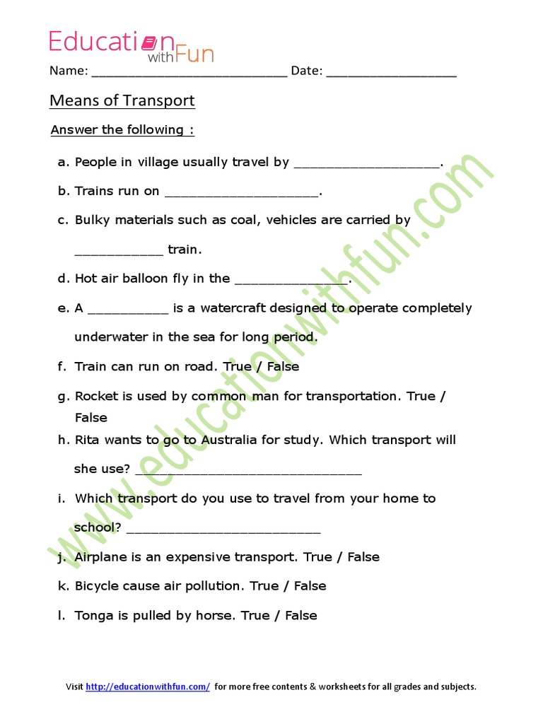 Means of Transport Worksheet 2 | PDF