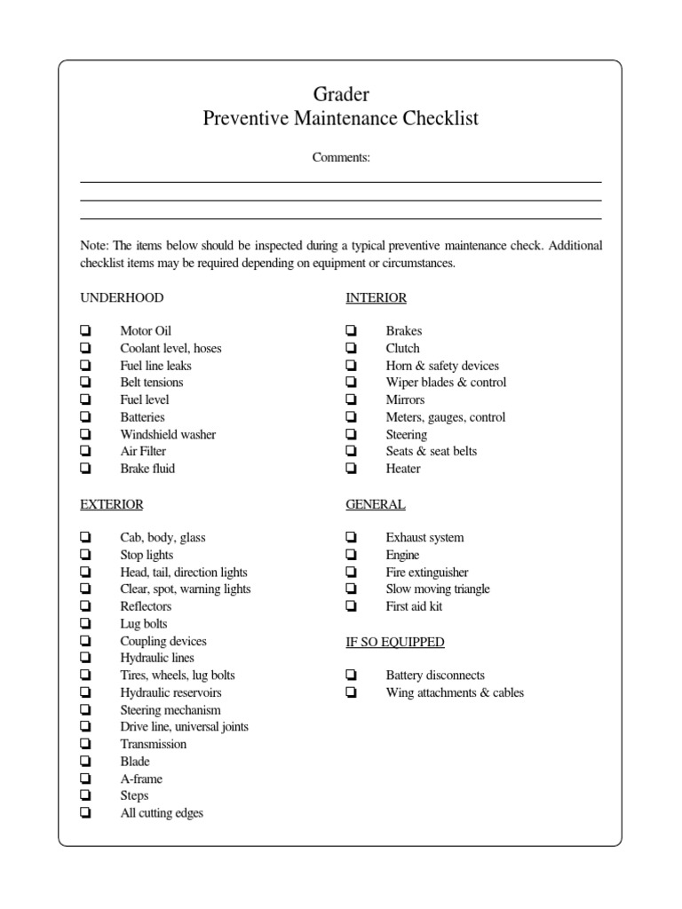 Grader Preventive Maintenance Checklist | PDF | Land Vehicles | Transport
