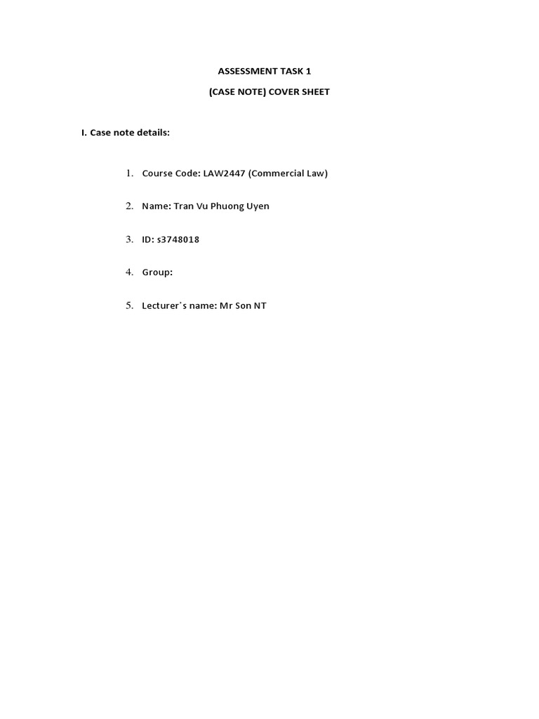 Assessment Task 1 (Case Note) Cover Sheet: 1. Course Code: LAW2447 (Commercial Law) | PDF ...