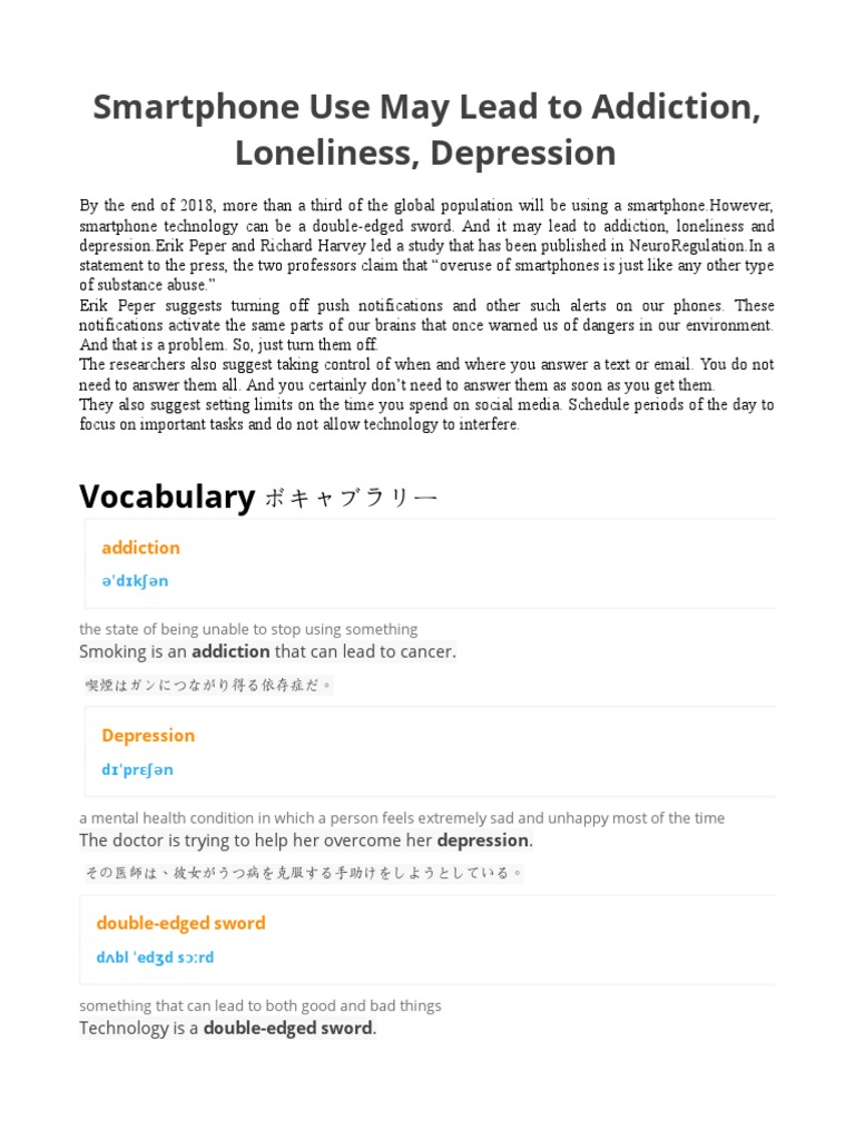 Smartphone Use May Lead To Addiction, Loneliness, Depression | PDF ...