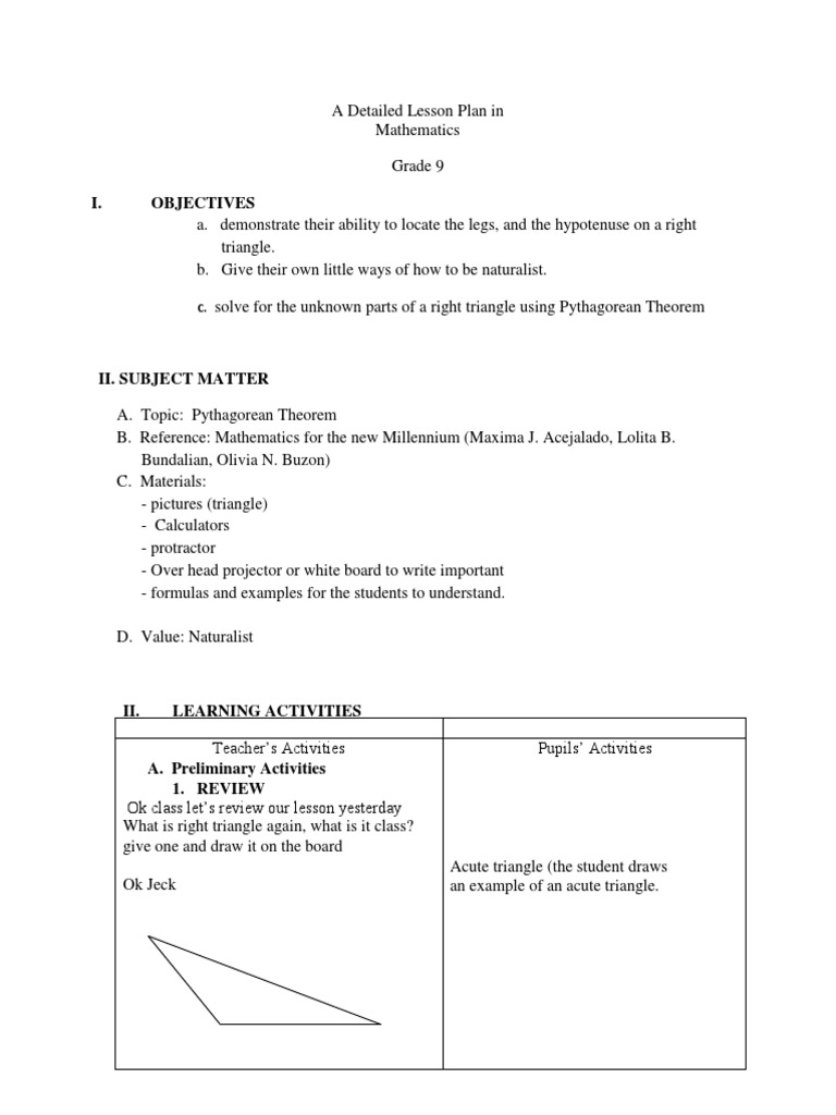 Grade 9 Pythagorean Theorem Lesson Plan | PDF | Triangle | Teaching Mathematics