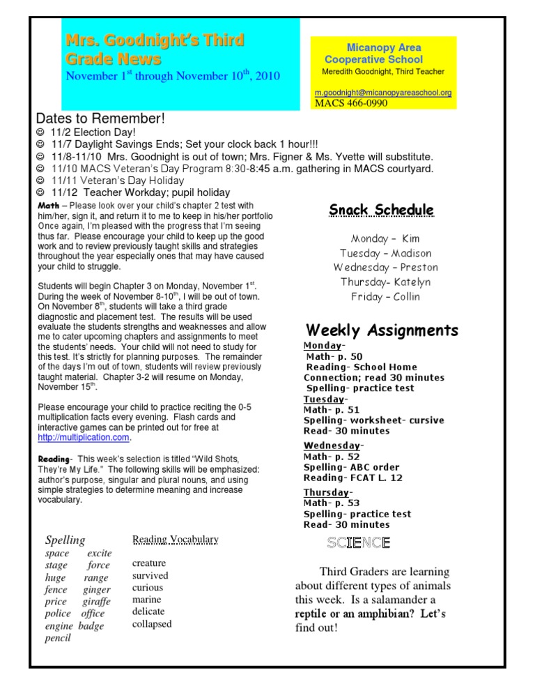 Third Grade Newsletter | PDF | Learning | Cognition