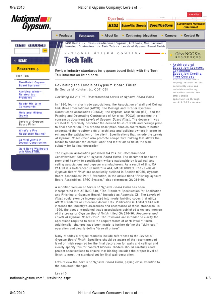 National Gypsum Company_ Levels of Gypsum Board Finish | Drywall ...