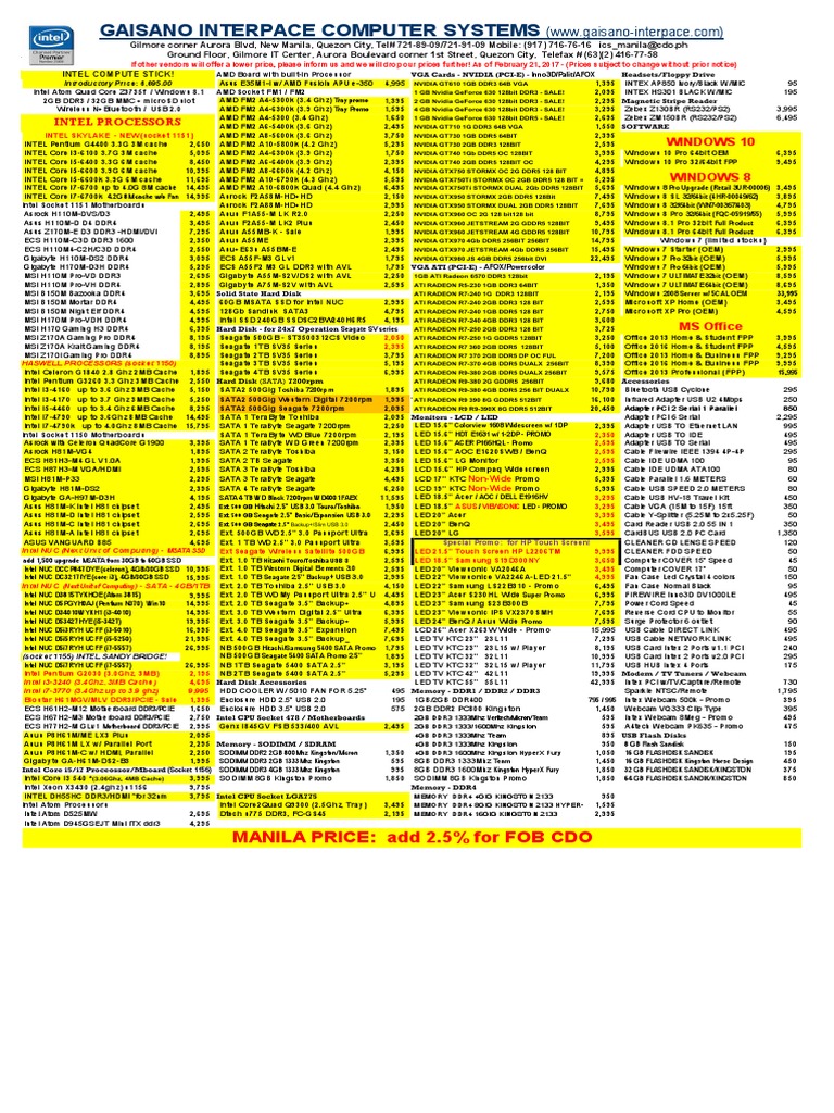 Gaisano Interpace Computer Systems: Manila Price: Add 2.5% For Fob Cdo ...