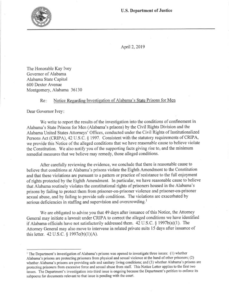 US Department of Justice Letter | PDF | Prison | Criminology