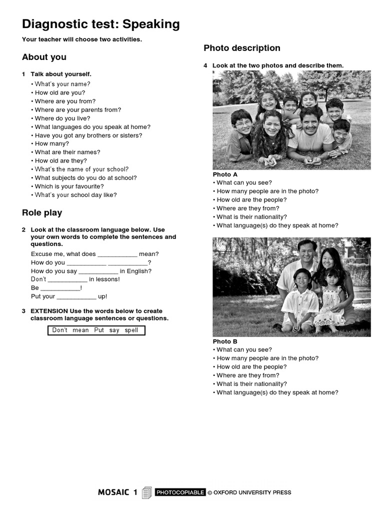 Diagnostic Test: Speaking: About You Photo Description | PDF