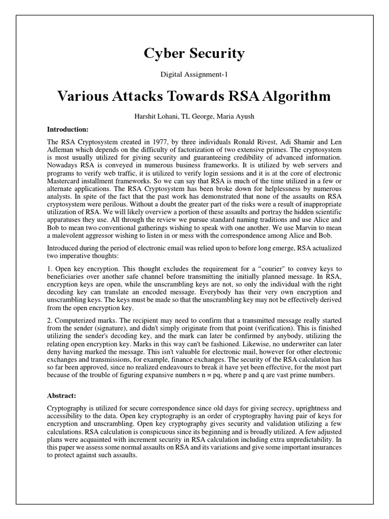 Cyber Security Various Attacks Towards RSA Algorithm: Digital ...