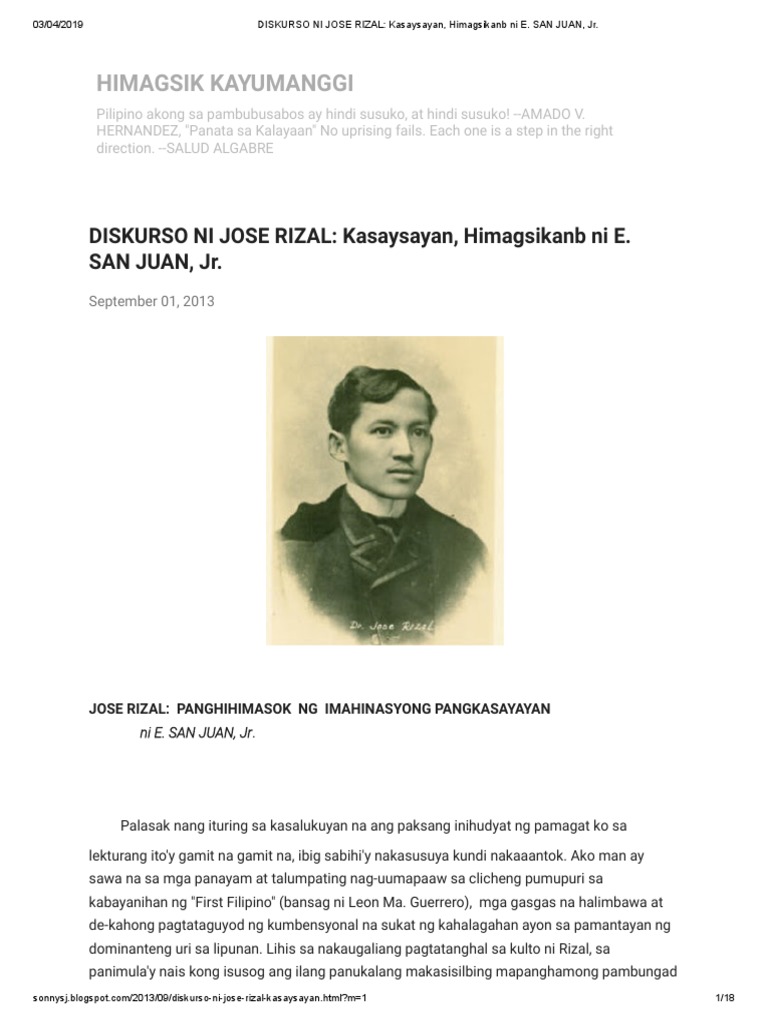 Diskurso Ni Jose Rizal: Kasaysayan, Himagsikan Ni E. San Juan, JR | PDF