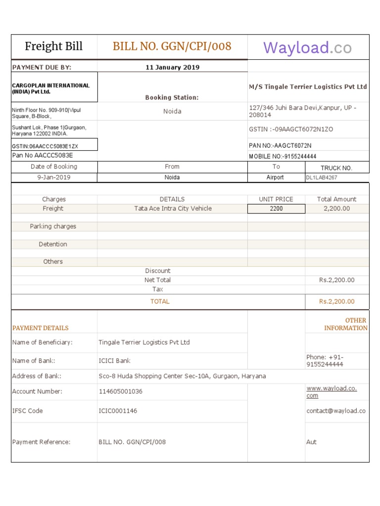 Bill Format - Cargoplan PDF | PDF | Payments | Economies