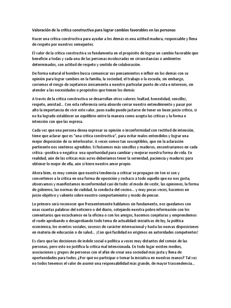 Valoración de La Critica Constructiva para Lograr Cambios Favorables en Las Personas | PDF ...