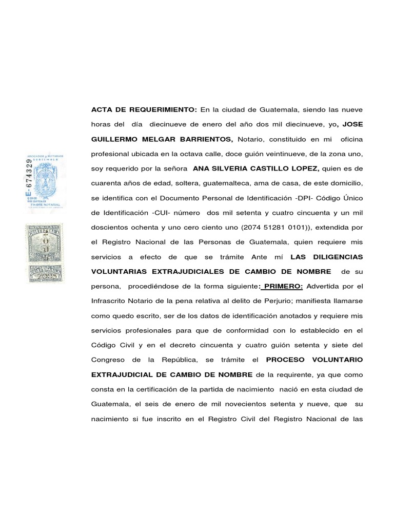 Acta De Requerimiento Cambio De Nombre Pdf Instituciones Sociales