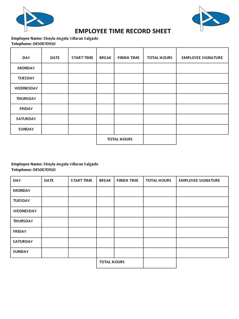 Employee Time Record Sheet: Employee Name: Sheyla Angela Villaran ...