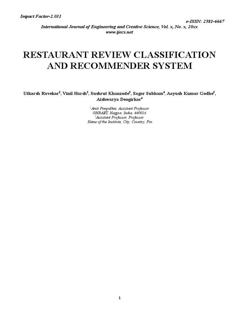 Restaurant Review Classification and Recommender System | PDF ...
