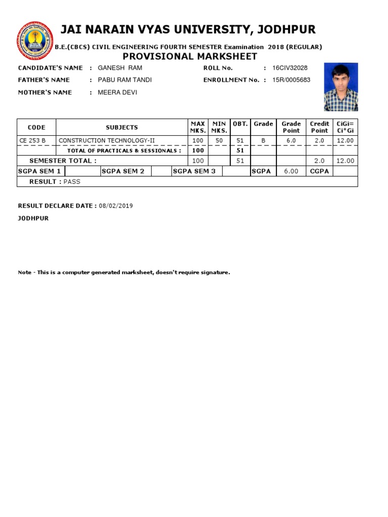 Jai Narain Vyas University, Jodhpur: Provisional Marksheet | PDF