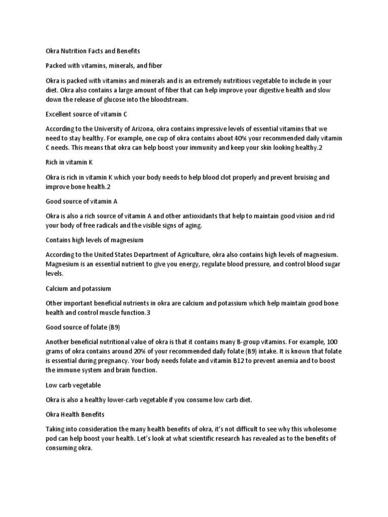 Okra Nutrition Facts and Benefits | PDF | Nutrients | Nutrition