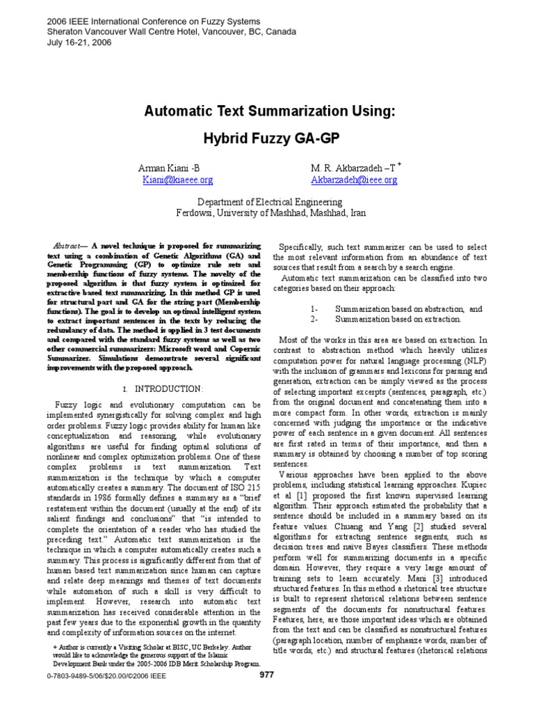 Automatic Text Summarization Using Hybrid Fuzzy Ga Gp Pdf Mathematical Optimization