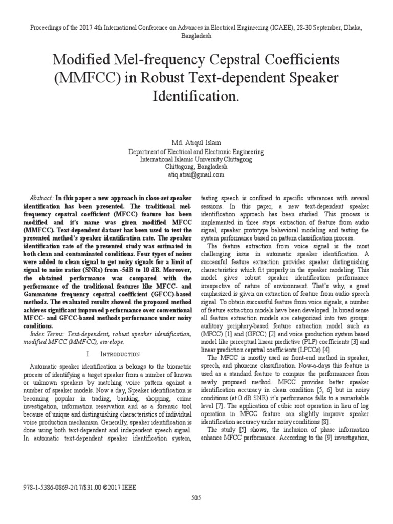 Modified Mel Frequency Cepstral Coefficient | PDF | Signal To Noise Ratio | Spectral Density