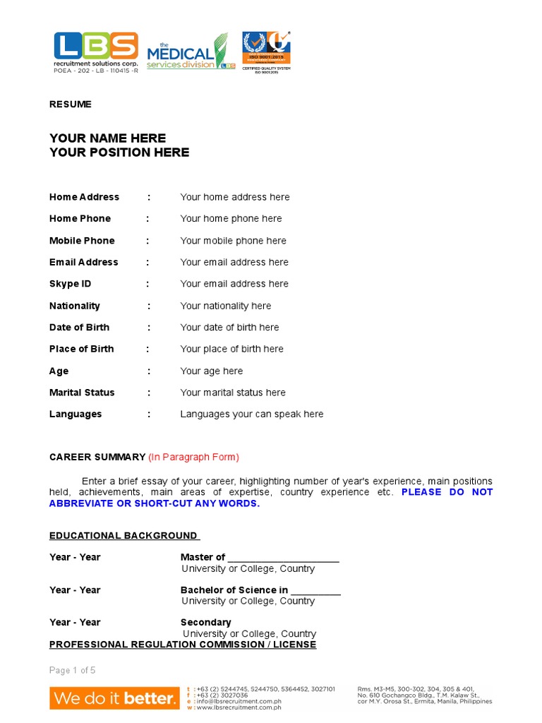 Lbs MSD CV Format 2017 | Download Free PDF | Hospital | Nursing