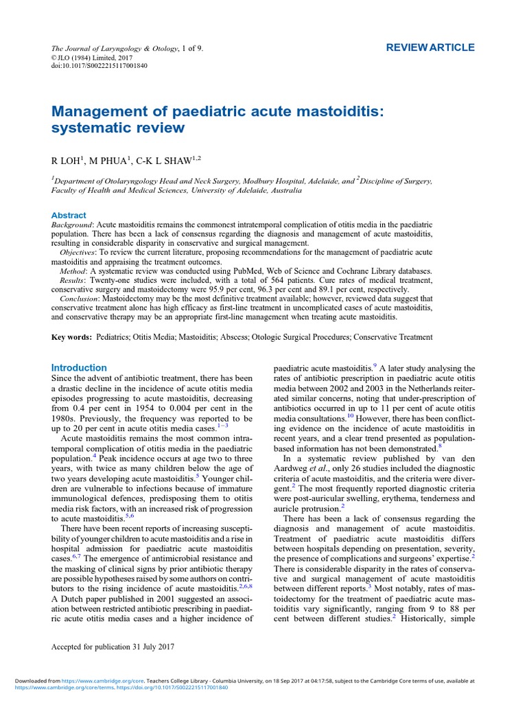 Management of Paediatric Acute Mastoiditis: Systematic Review | PDF ...