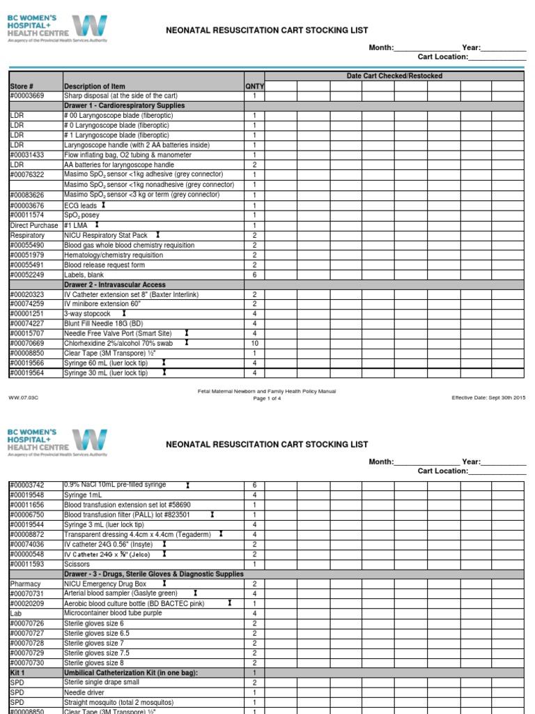 WW.07.03.C Neonatal Resuscitation Cart Stocking List | PDF | Neonatal ...