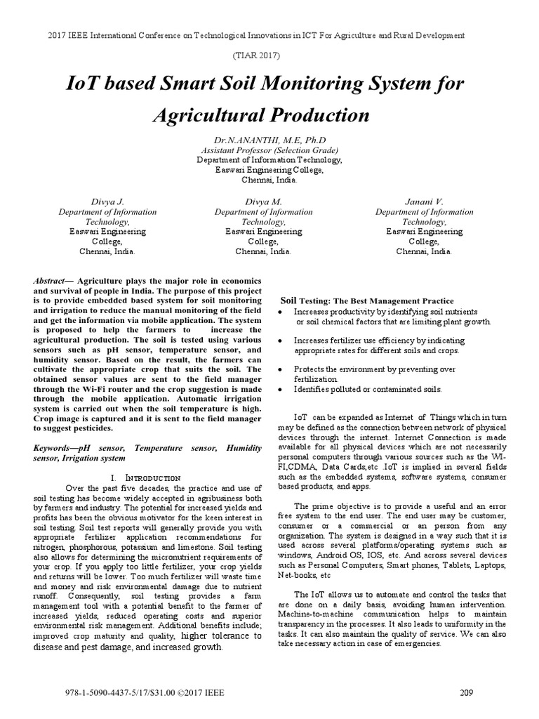 Iot Based Soil Monitoring System | PDF | Internet Of Things | Agriculture