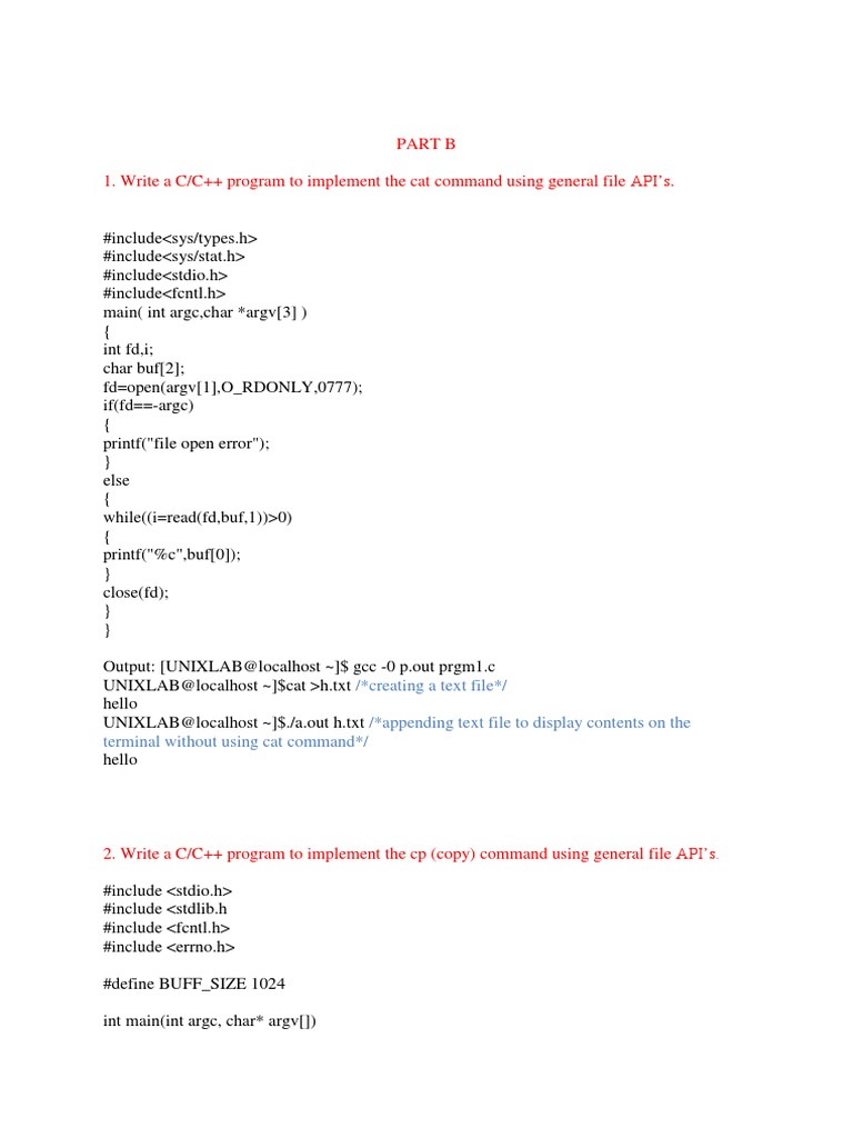 Part B 1. Write A C/C++ Program To Implement The Cat Command Using General File API's | PDF ...