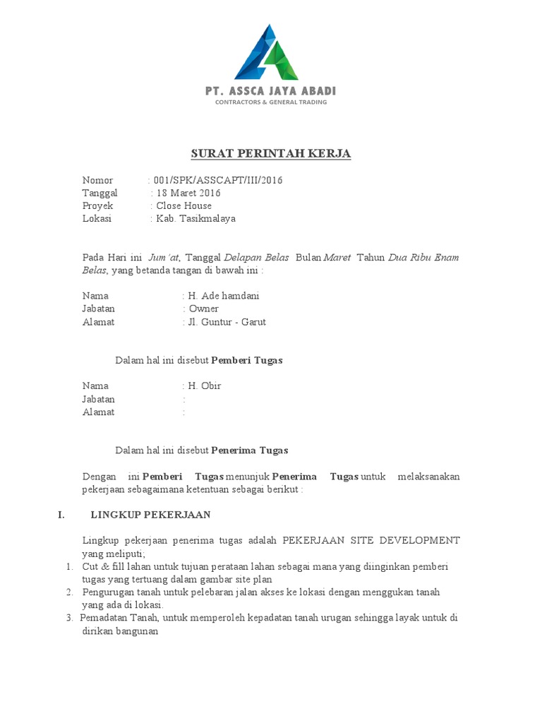 Surat Perintah Kerja Proyek Bangunan | PDF