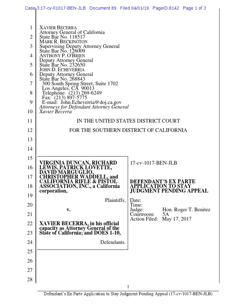 2019 04 01 Defendants Ex Parte To Stay Judgment Pending Appeal | PDF ...