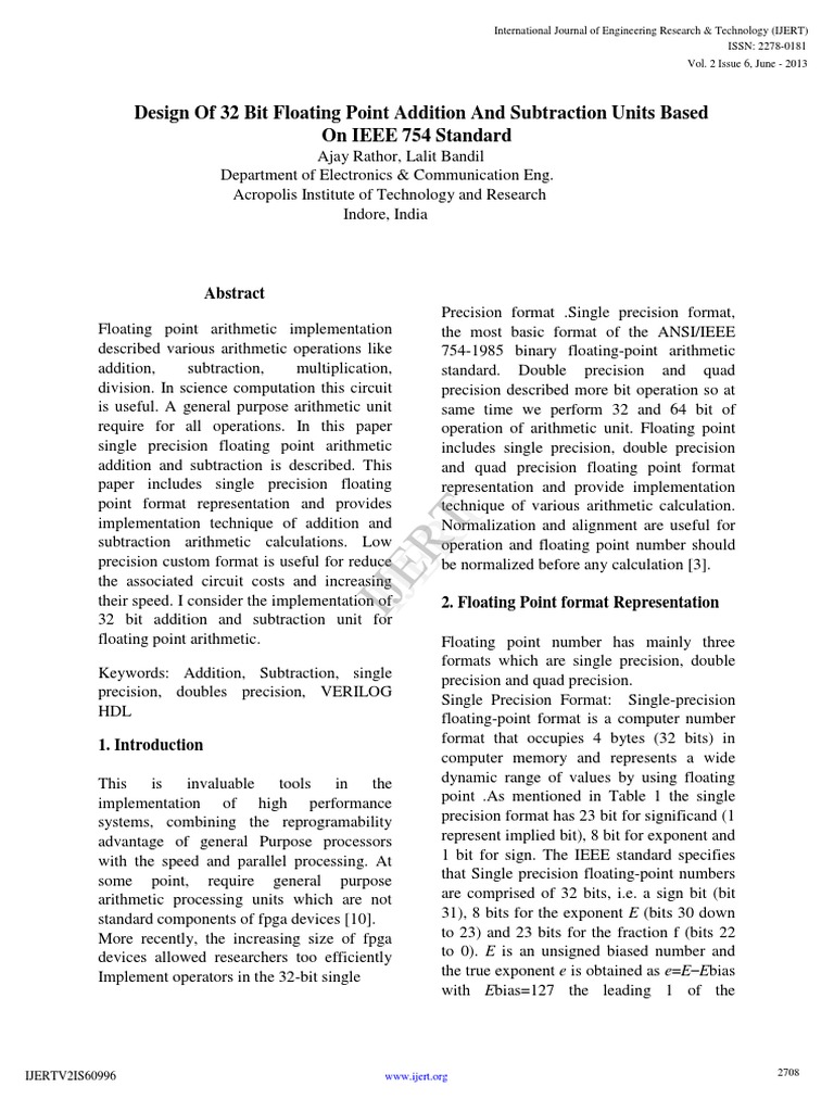 Design of 32 Bit Floating Point Addition and Subtraction Units Based On Ieee 754 Standard ...