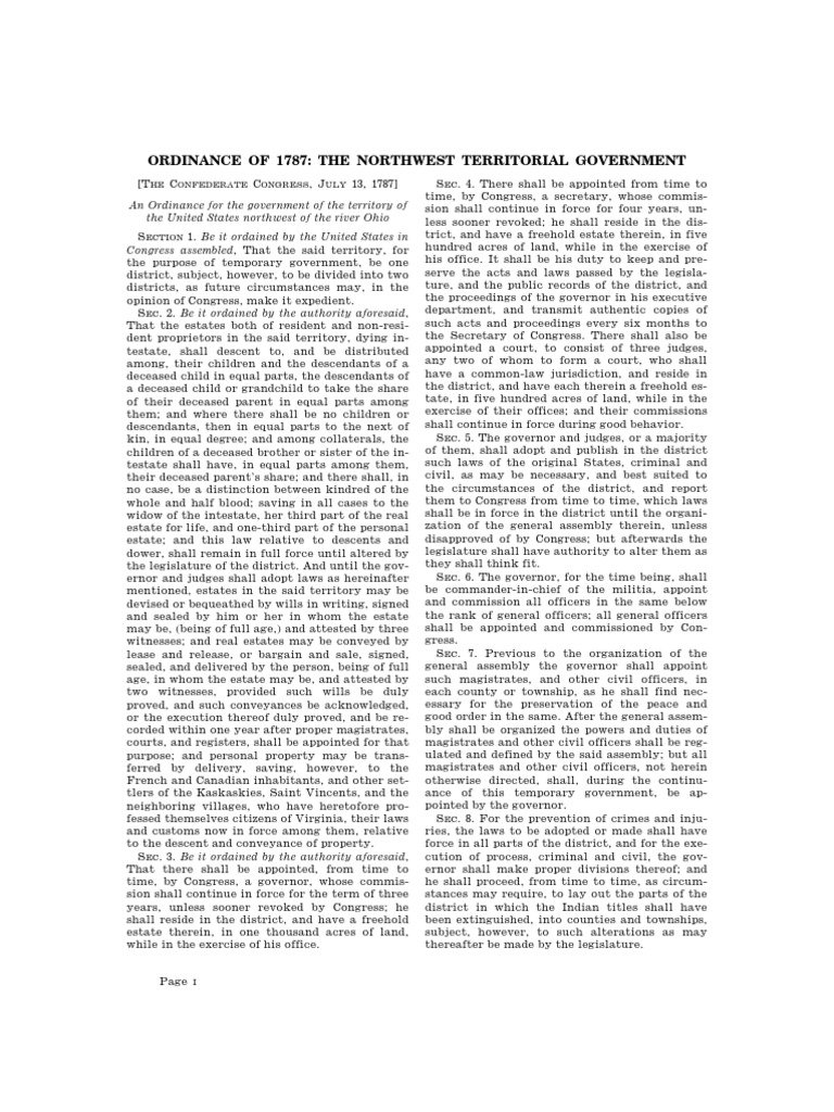 Ordinance of 1787: The Northwest Territorial Government | PDF ...