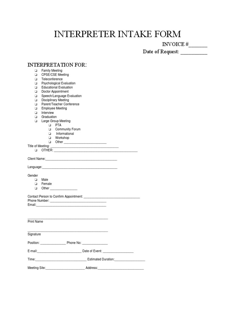 Interpreter Intake Form: INVOICE # - Date of Request: - Interpretation ...