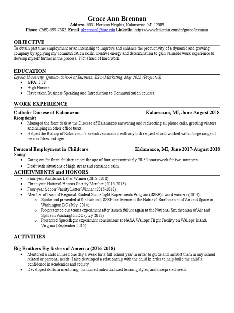 Grace Brennan Resume Jan2019 | PDF | Psychology | Cognition
