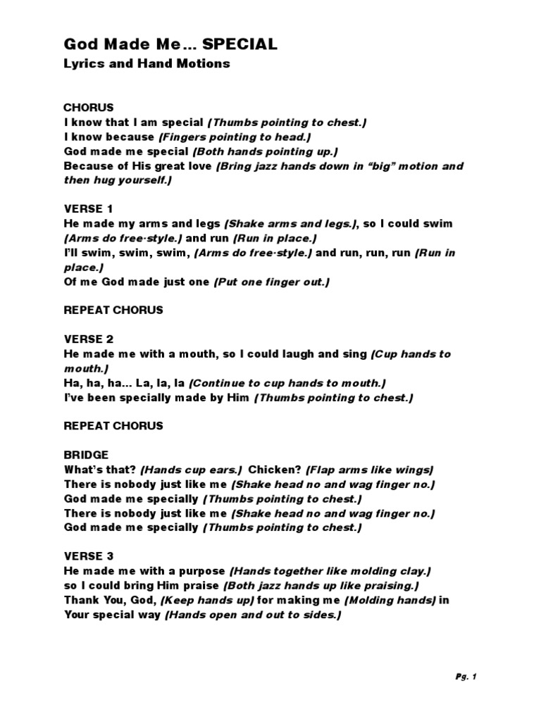 God Made Me SPECIAL: Lyrics and Hand Motions | PDF | Refrain | Song ...