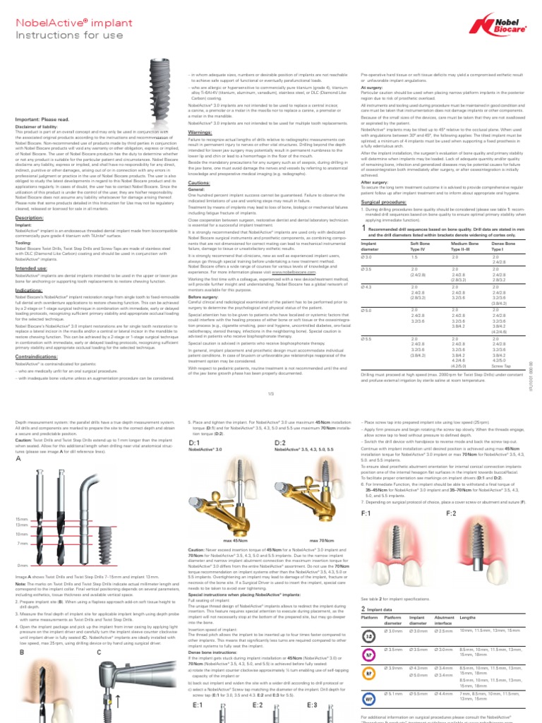 Instructions For Use: Nobelactive® Implant | PDF | Dental Implant ...